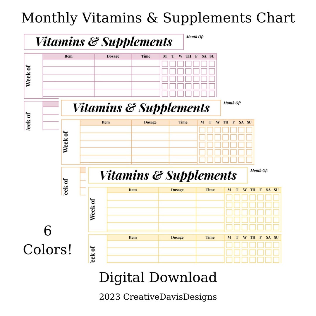 Vitamins, Supplements, Chart, Log, Tracker, Health, Digital, Download ...