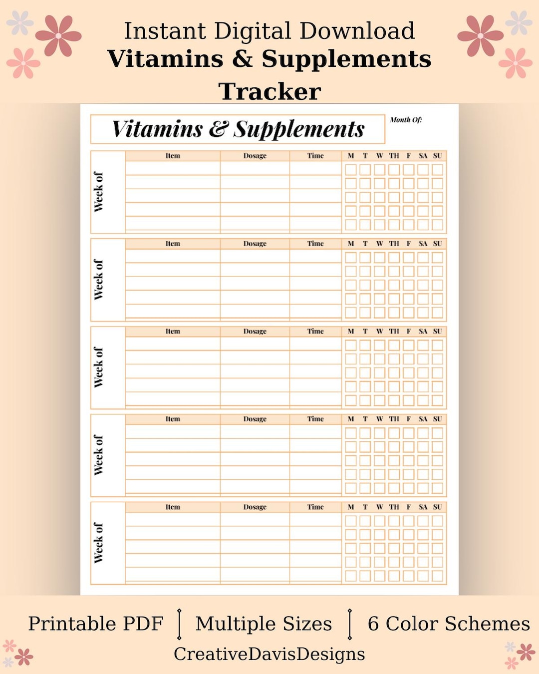 Vitamins, Supplements, Chart, Log, Tracker, Health, Digital, Download ...