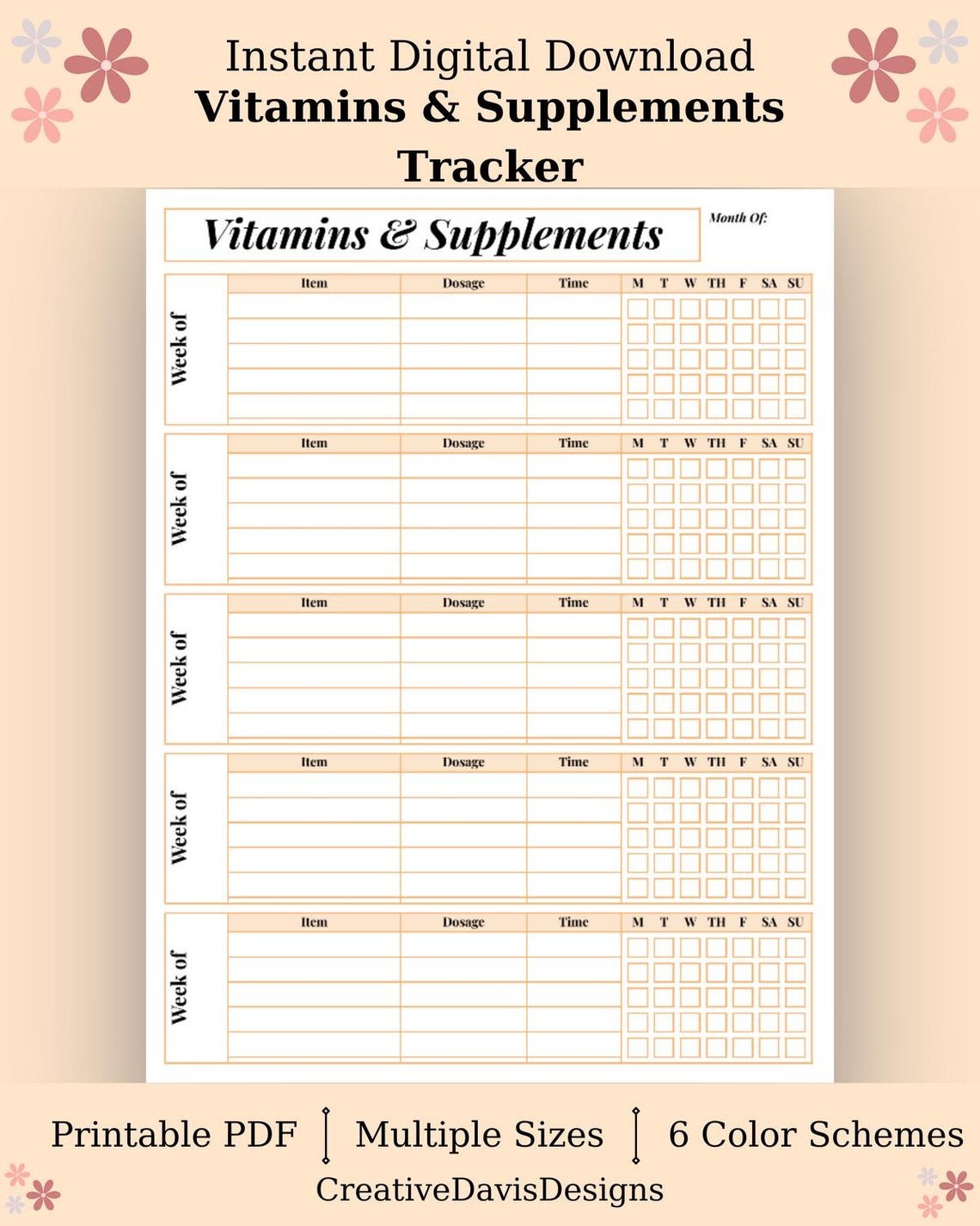 Vitamins, Supplements, Chart, Log, Tracker, Health, Digital, Download ...