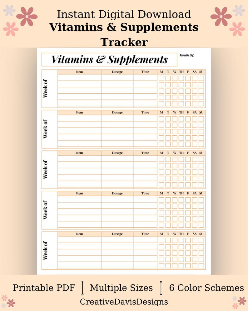 Vitamins, Supplements, Chart, Log, Tracker, Health, Digital, Download ...