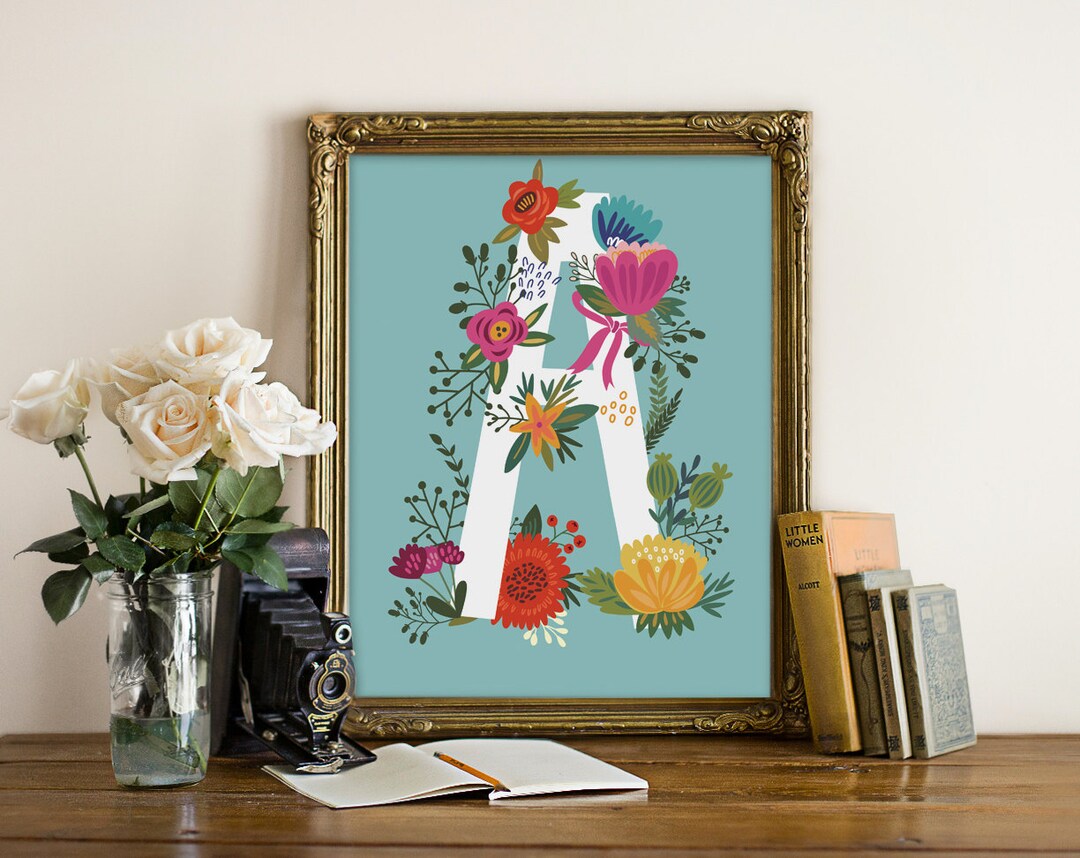Floral Monogram Print, Wall Art Quotes, Scripture, Nursery Wall Art ...