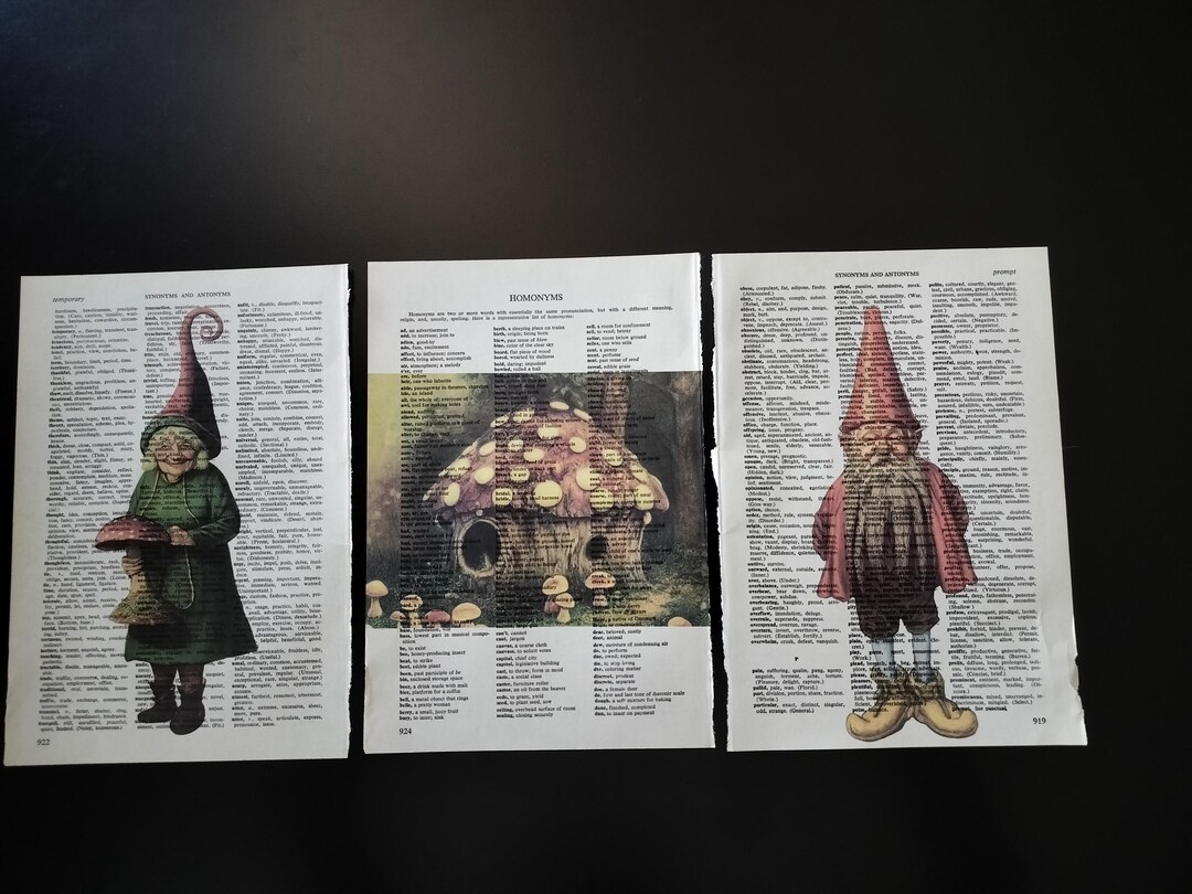 Upcycled Vintage Dictionary Page Art Gnome Home, Set of 3 Vintage ...