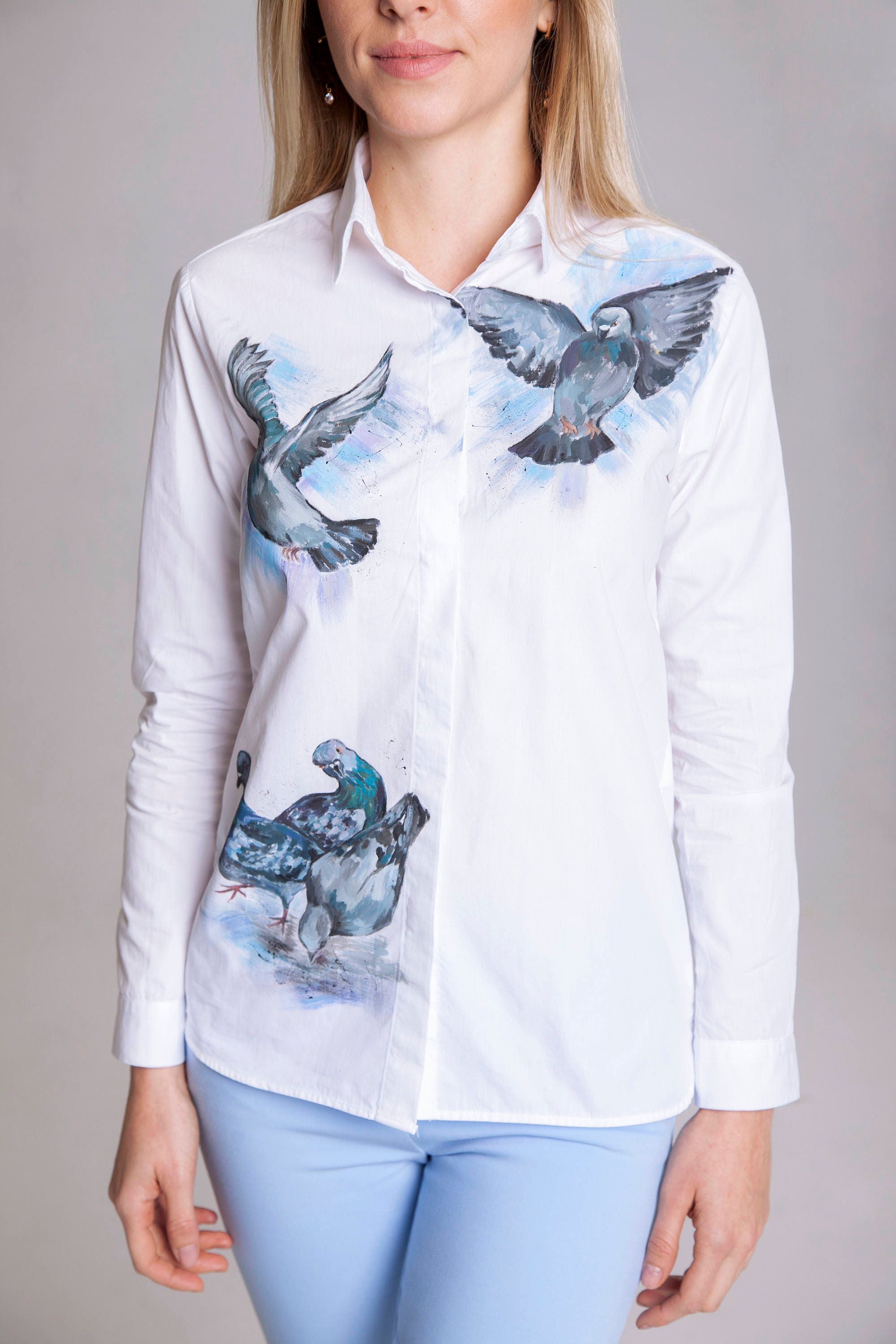 Pigeons Shirt Size S Unique Designer Shirt White Shirt Unique Womens ...