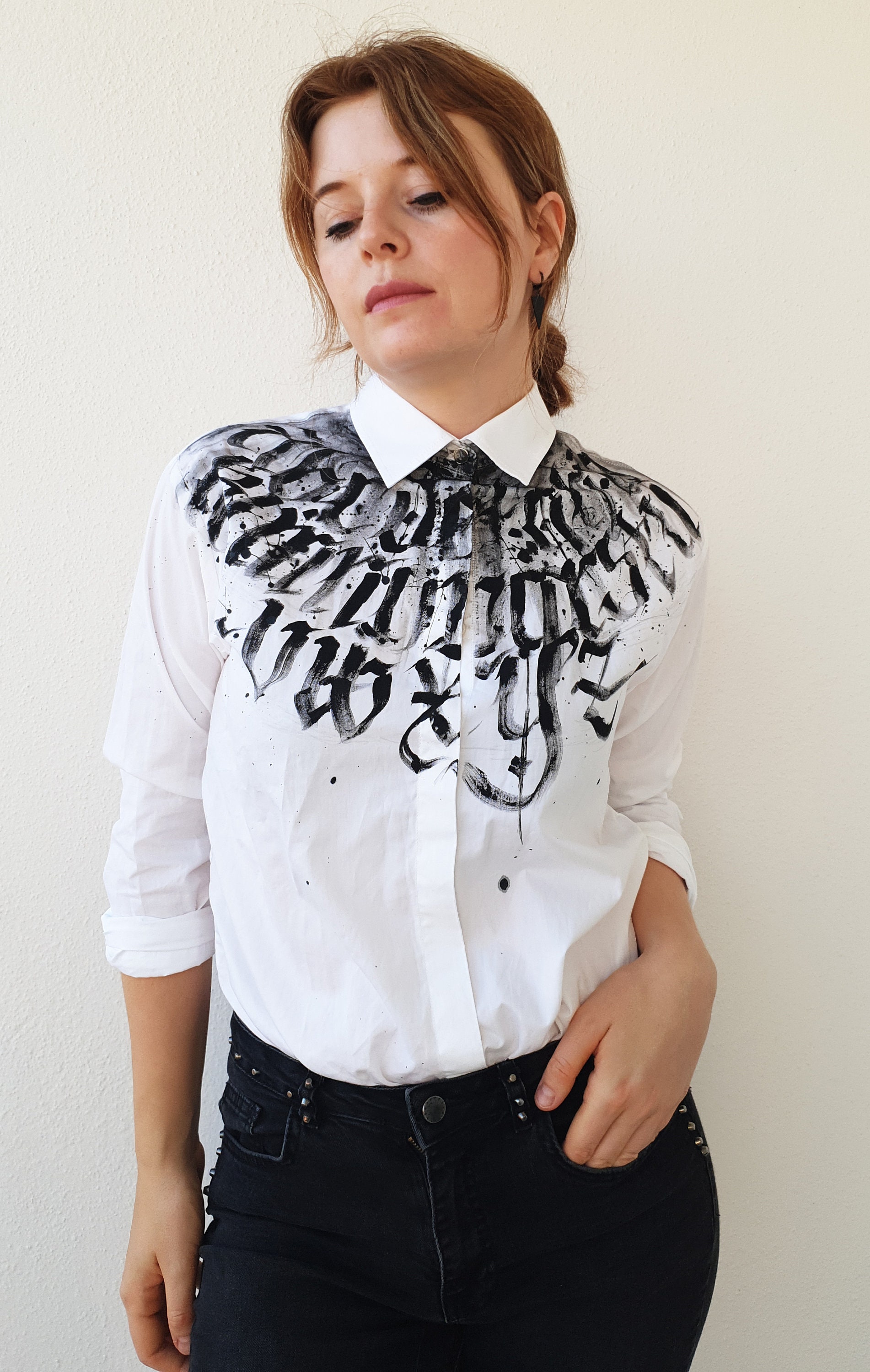 Hand-painted Calligraphy Blouse: Unique Designer Button-up Shirt - Etsy