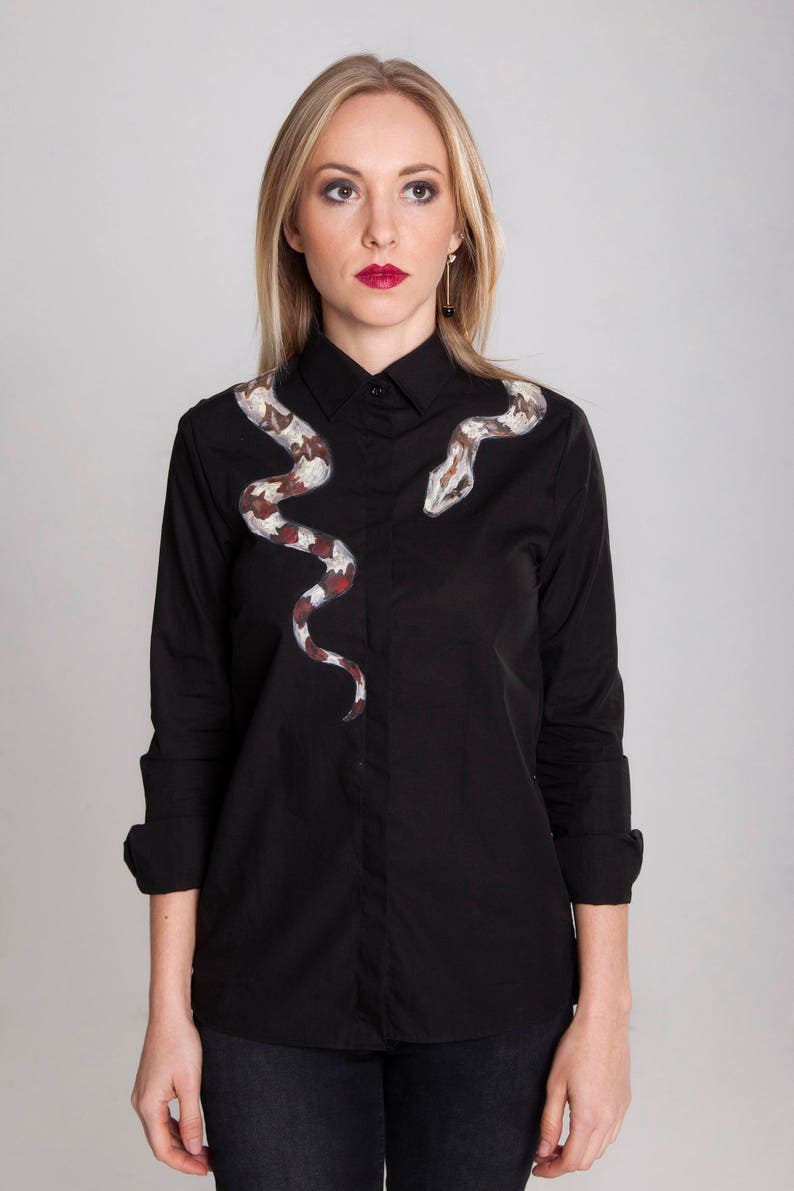 Handpainted Snake Blouse: Black Button-up Shirt, Unique Design - Etsy
