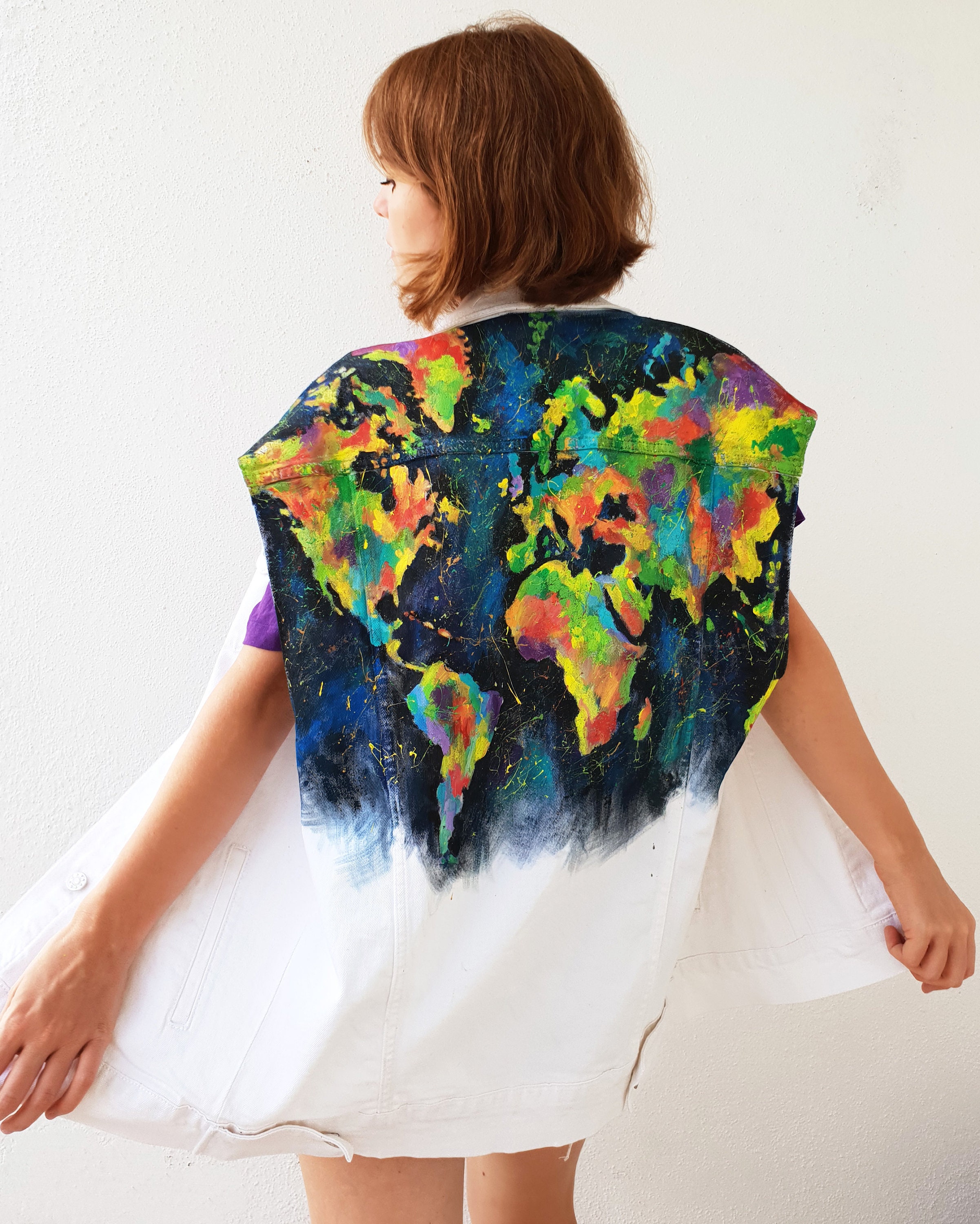 Handpainted Custom Denim Jacket World Map Jacket Unique Jacket ...