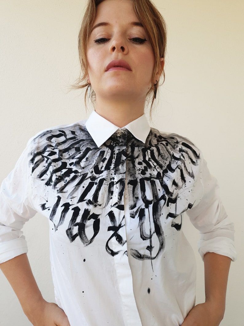 Hand-painted Calligraphy Blouse: Unique Designer Button-up Shirt - Etsy