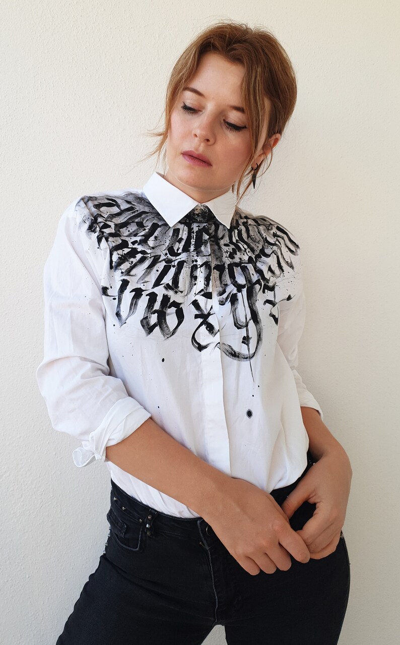 Hand-painted Calligraphy Blouse: Unique Designer Button-up Shirt - Etsy