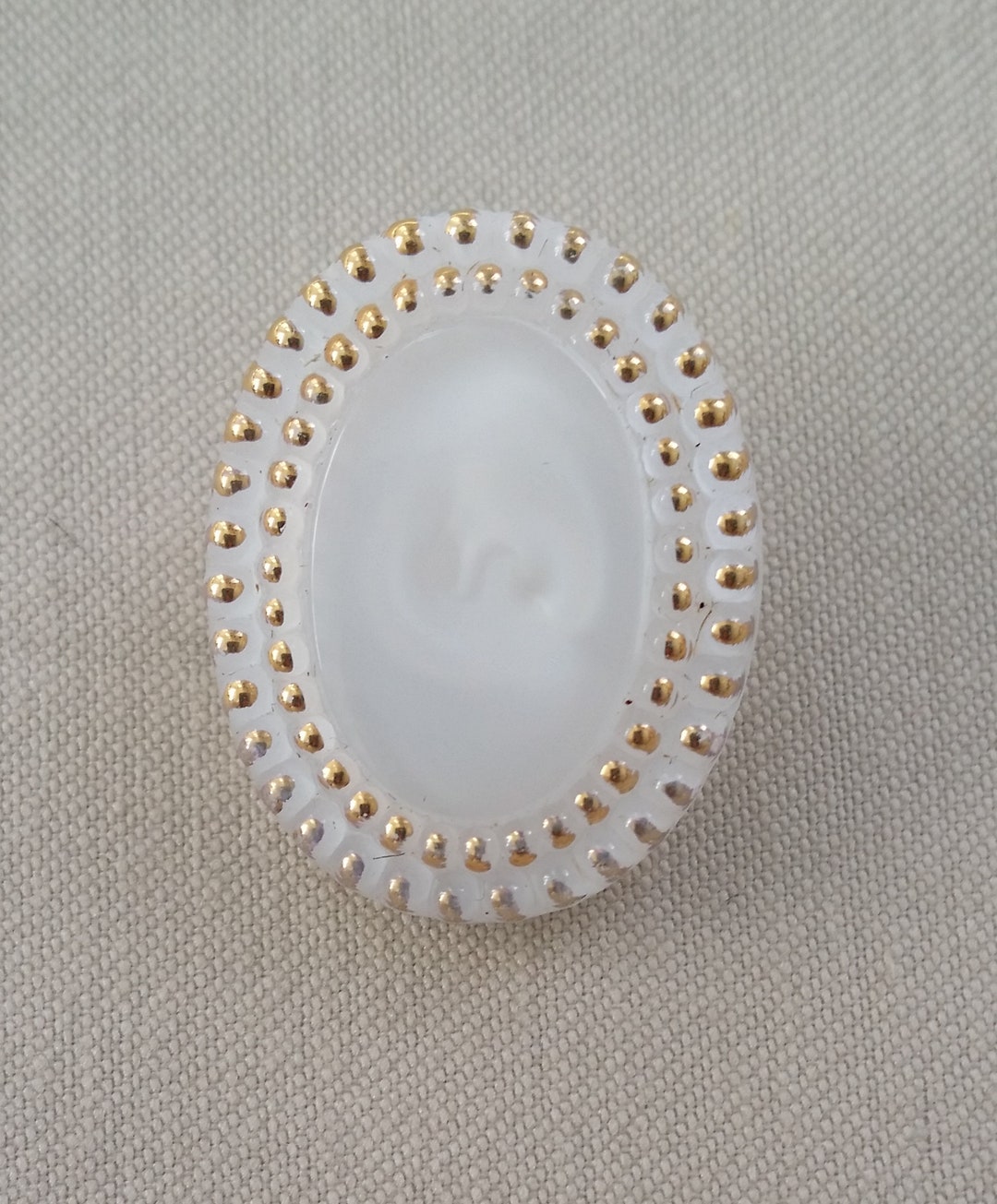 White Frosted Glass & Gold Tone Metal Bead Rim Oval Ritz Trading Co ...