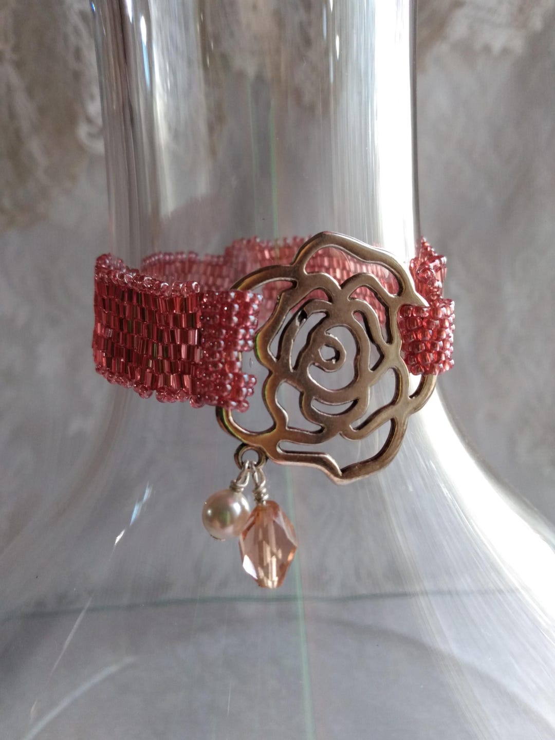 Rose Pink Seed Bead Bracelet, Rose Medallion Bracelet, Pearl Crystal ...