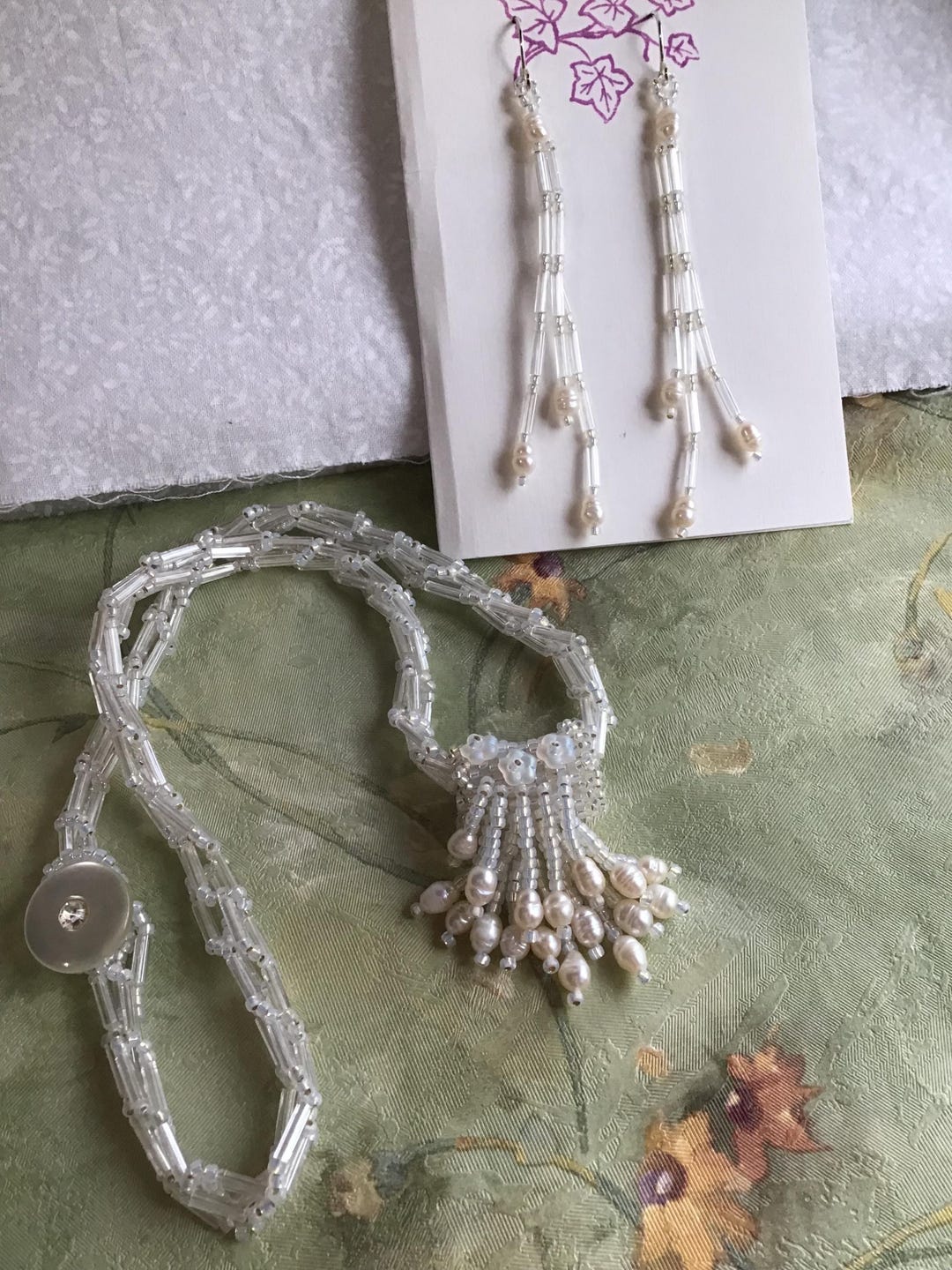 White Bugle Bead Convertible Necklace: Pearl Tassel, Winter Bridal ...