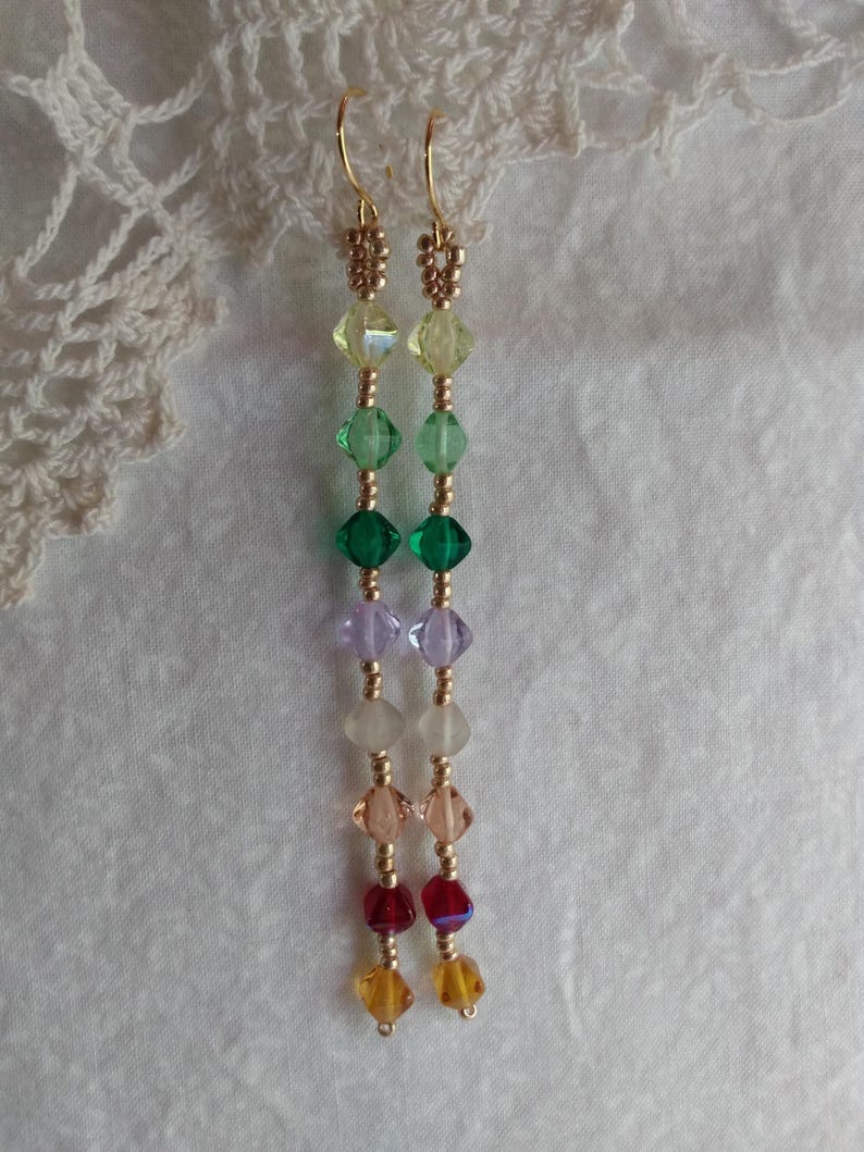 Bicone Drop Earrings, Rainbow Bead Chain, Seed Beads, Glass Bead Chain ...