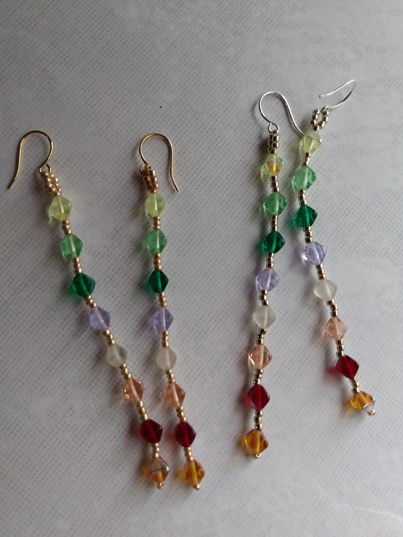 Bicone Drop Earrings, Rainbow Bead Chain, Seed Beads, Glass Bead Chain ...
