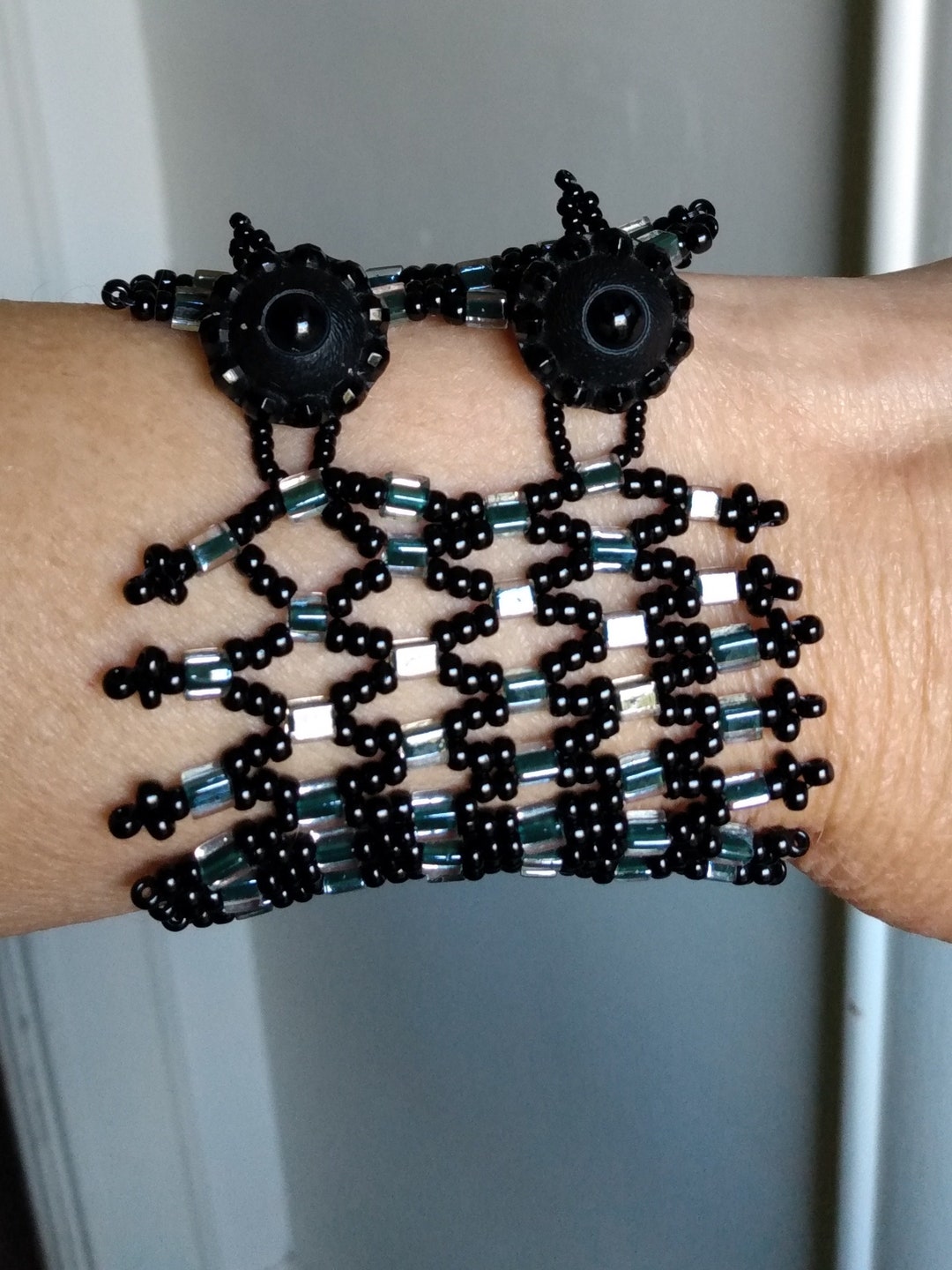 Beaded Gauntlet Bracelet: Aqua, Black, Silver Cube Bead Cuff - Etsy