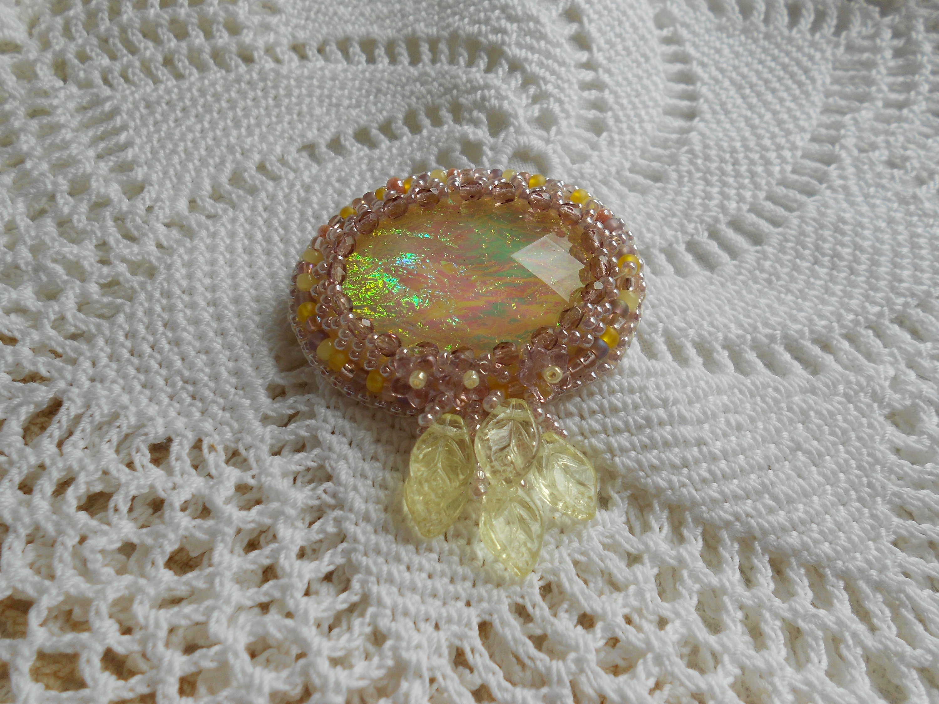 Beaded Cabochon Brooch, Lemon Yellow, Green, Faceted Foil Acrylic ...