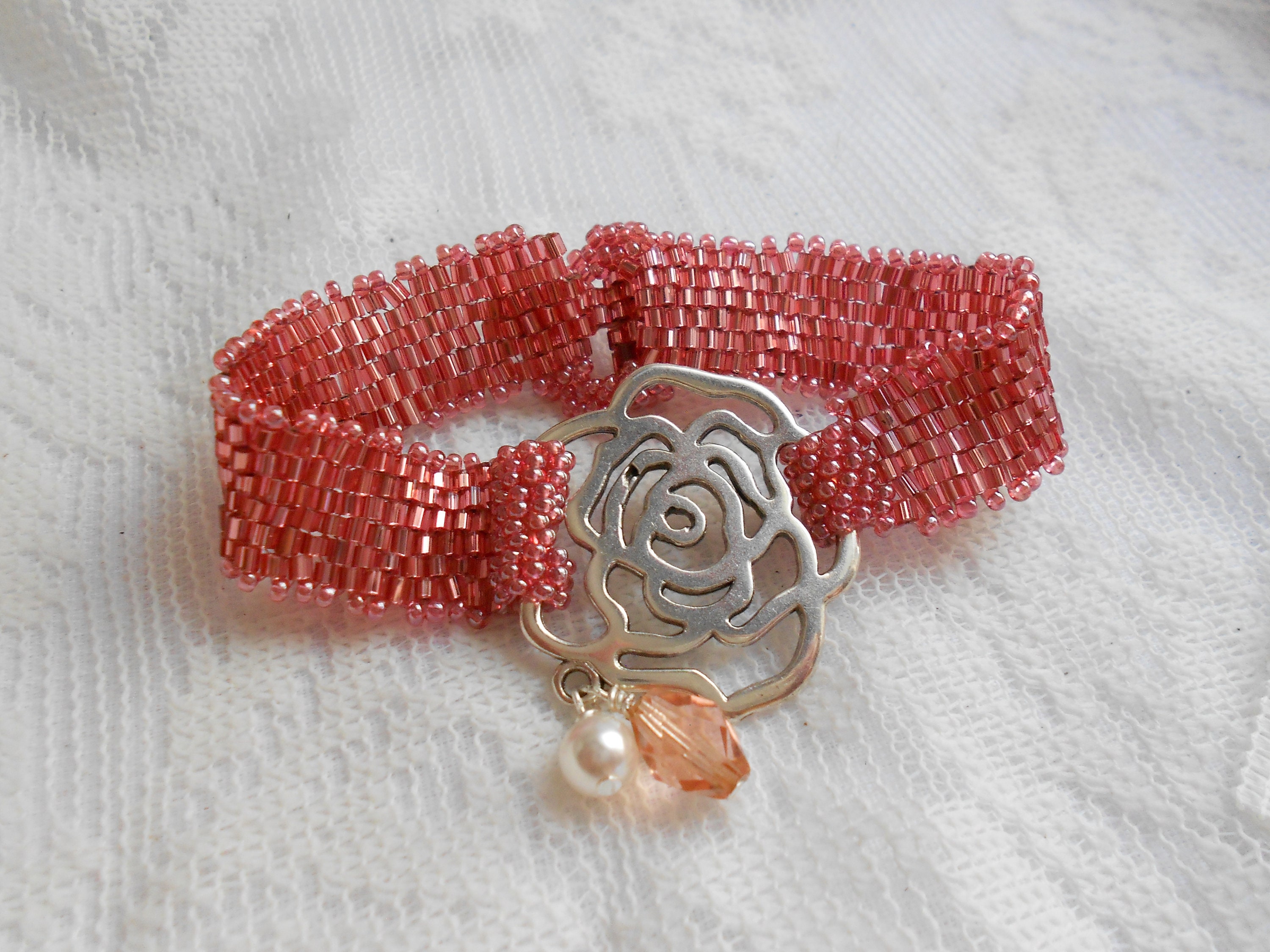 Rose Pink Seed Bead Bracelet, Rose Medallion Bracelet, Pearl Crystal ...