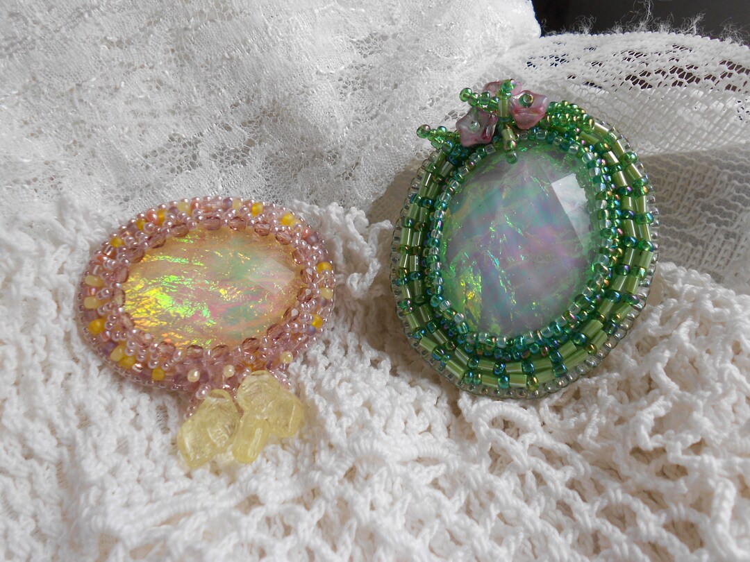 Beaded Cabochon Brooch: Lemon Yellow & Green Acrylic Pin - Etsy