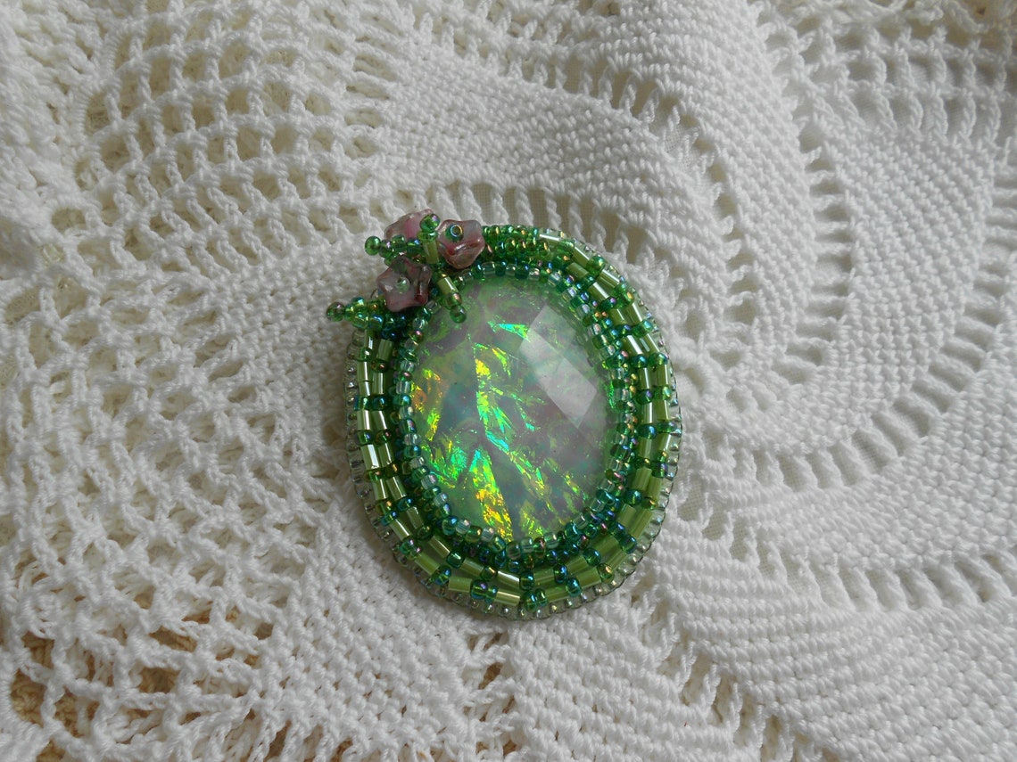 Beaded Cabochon Brooch: Lemon Yellow & Green Acrylic Pin - Etsy