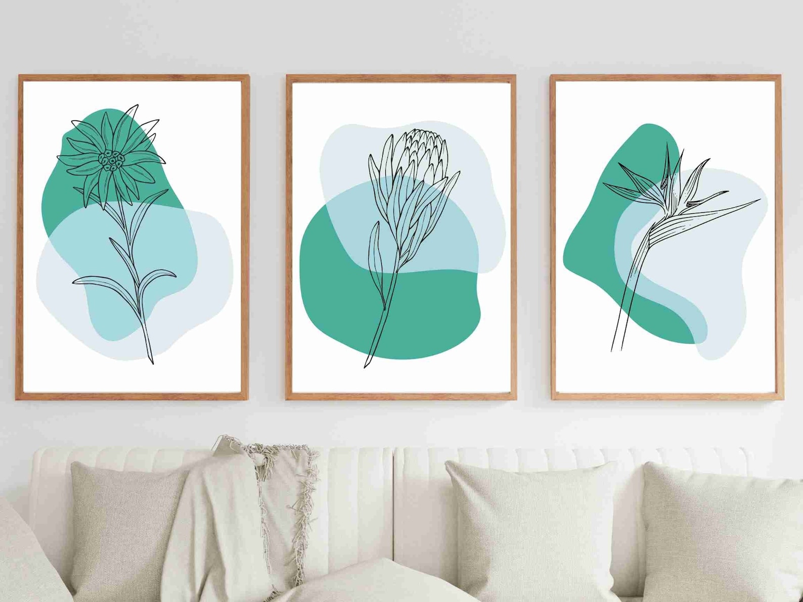 Set of 3 Floral Line Drawing With Subtle Background Green - Etsy