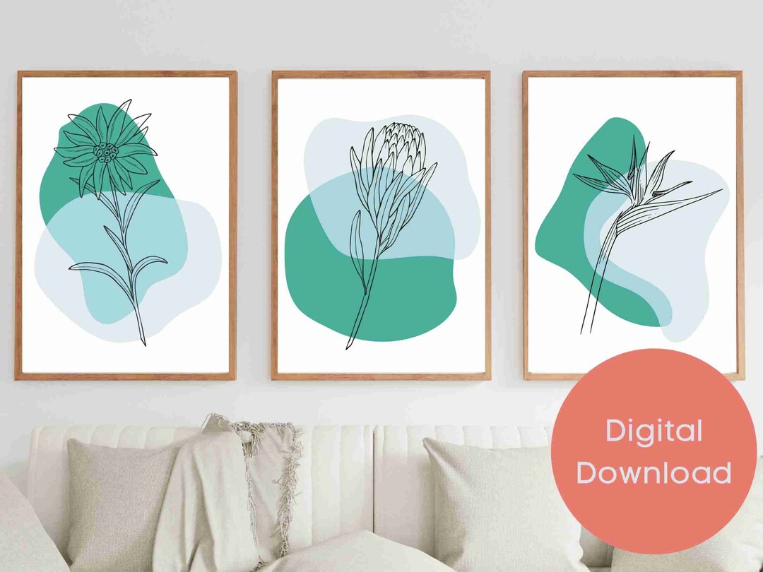 Set of 3 Floral Line Drawing With Subtle Background Green - Etsy