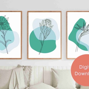 Set of 3 Floral Line Drawing With Subtle Background Green - Etsy