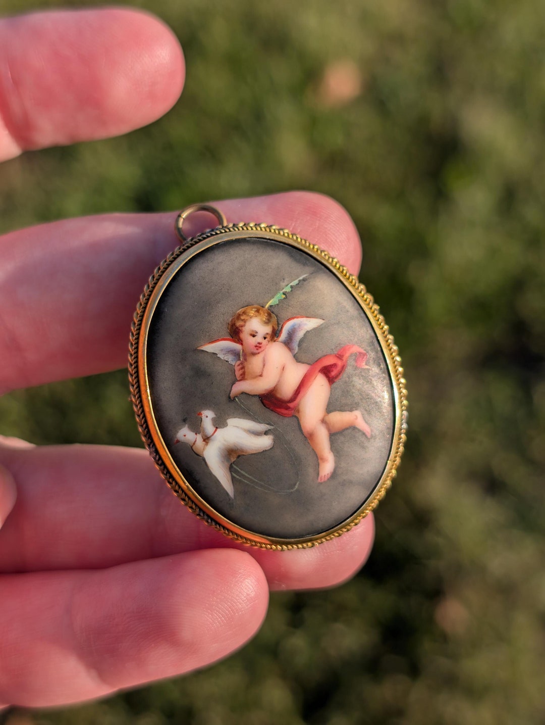 ANTIQUE Victorian Enamel Cupid Cherub Pendant Brooch Driving Two Doves ...