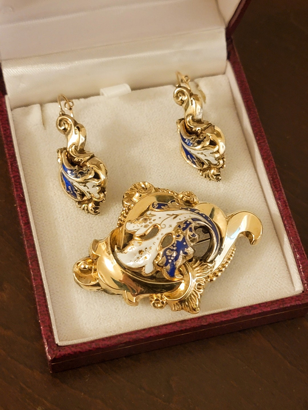 ANTIQUE 14k 12g Solid Gold Enamel Parure: Victorian Biedermeier Brooch ...