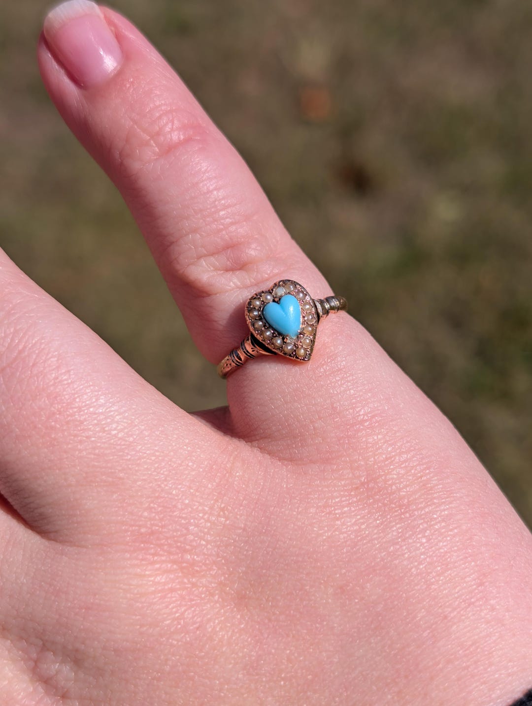 ANTIQUE Sz 7 14K to 10K Solid Gold Victorian Turquoise Glass Heart Seed ...