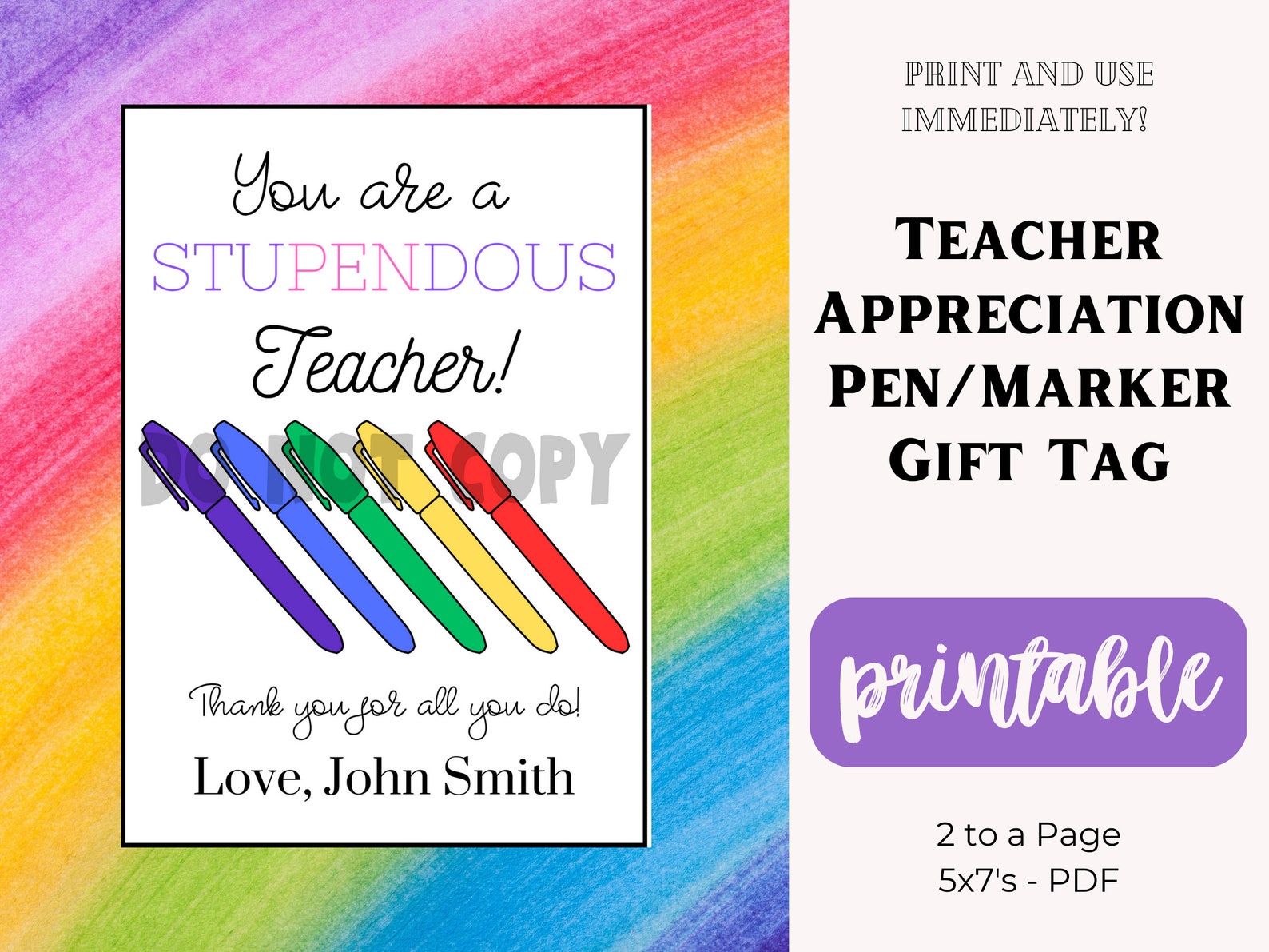 INSTANT DOWNLOAD Teacher Flair Pen Marker Gift Tag, Teacher ...