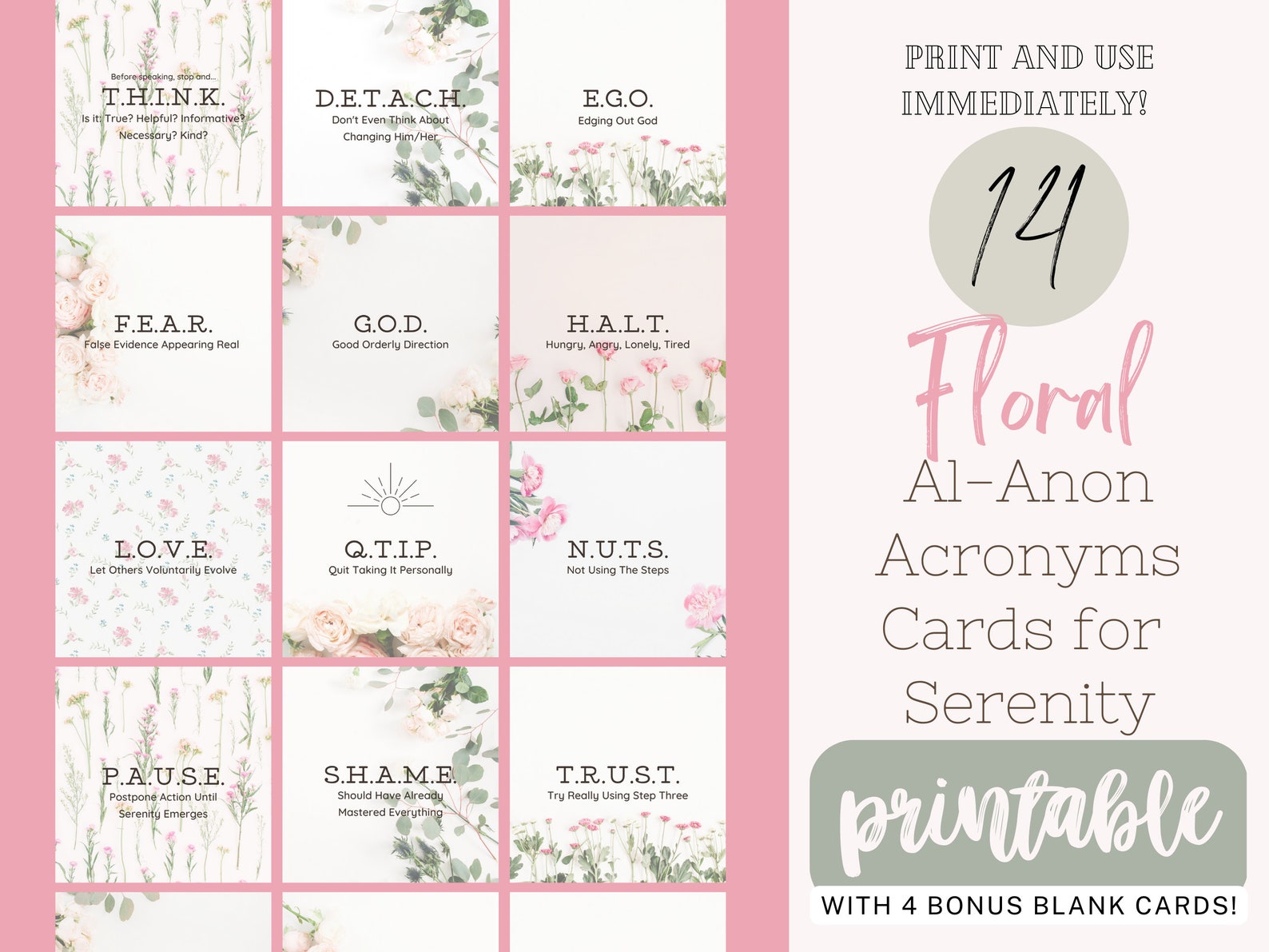 Al-anon AA Acronyms Recovery Cards | Sobriety Inspirational Cards ...