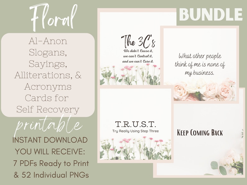 Al-anon AA BUNDLE Slogan Cards | Sobriety Inspirational Cards | Floral ...