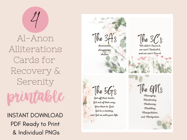 Al-anon AA Alliterations Recovery Cards | Sobriety Inspirational Cards ...