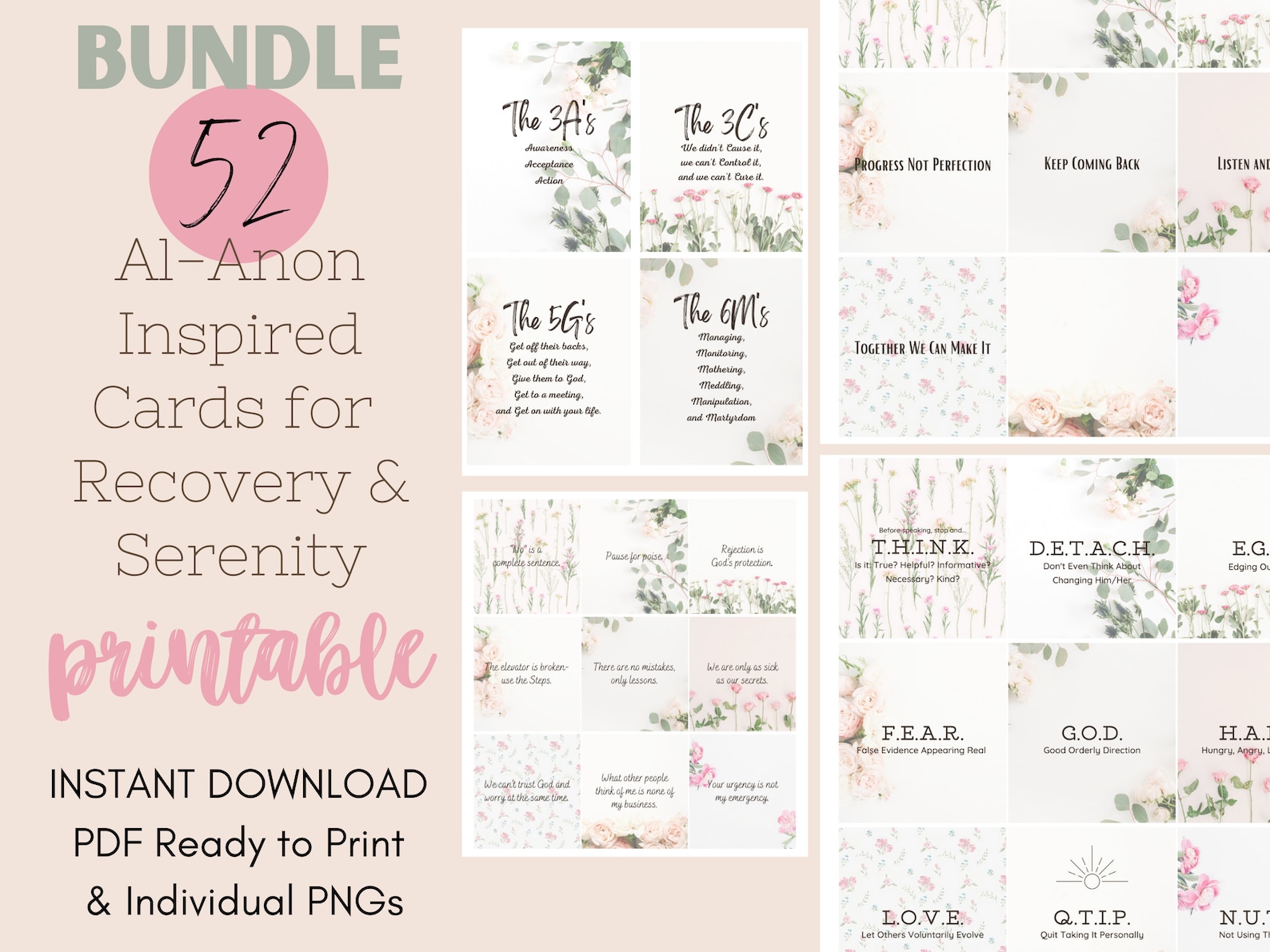 Al-anon AA BUNDLE Slogan Cards | Sobriety Inspirational Cards | Floral ...