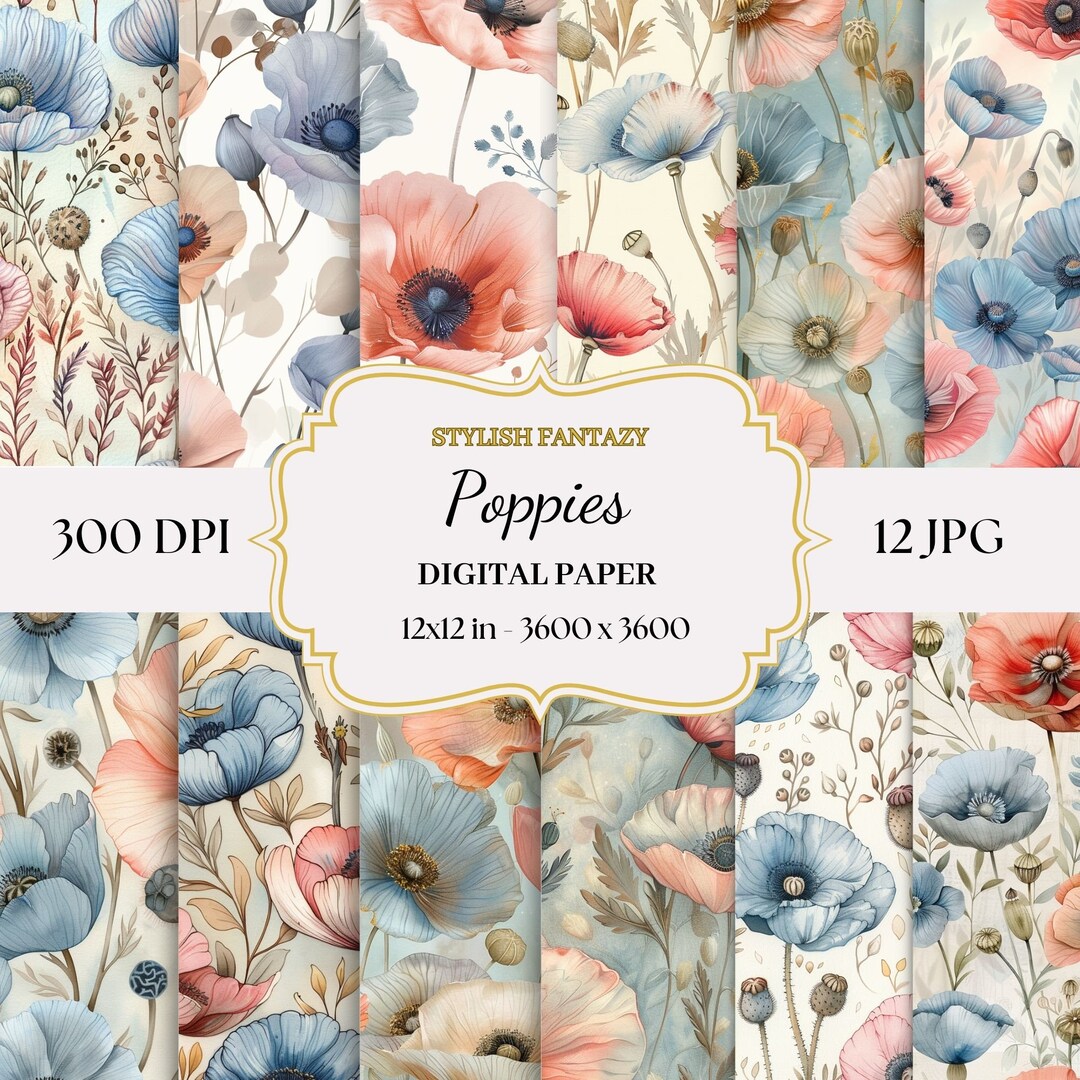 Poppy Digital Paper, 12 High Quality Images, Printable Scrapbook Paper ...