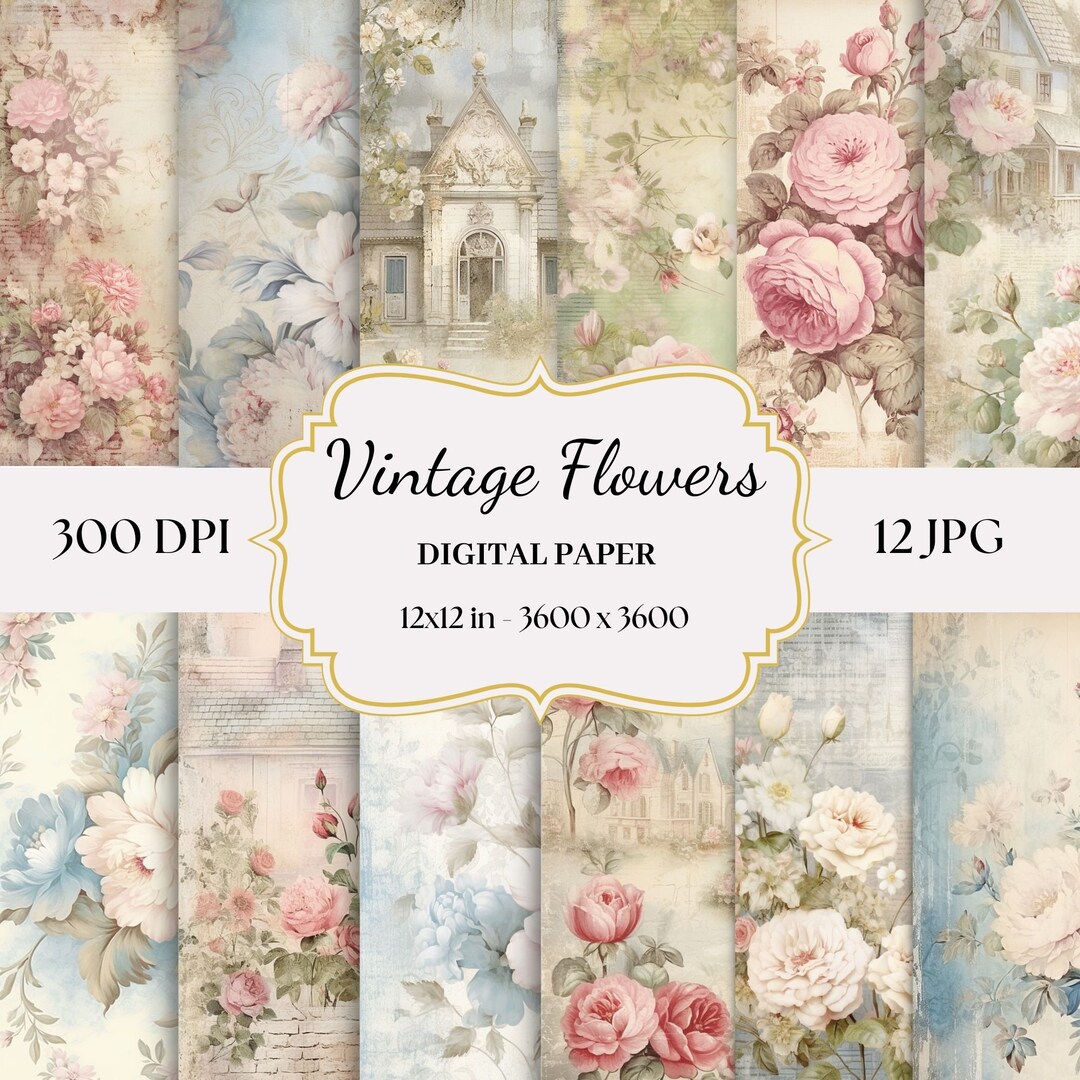 Vintage Flowers Digital Paper, 12 JPG High Quality Images, Vintage ...