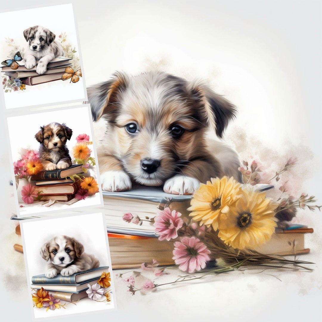 Puppies With Books Clipart, Digital JPG Art Print Bundle for Digital ...
