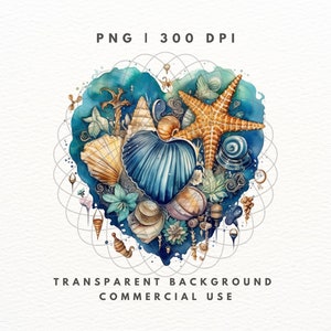 Watercolor Summer Seashell Clipart, Seashells in Heart Shape, Shells ...