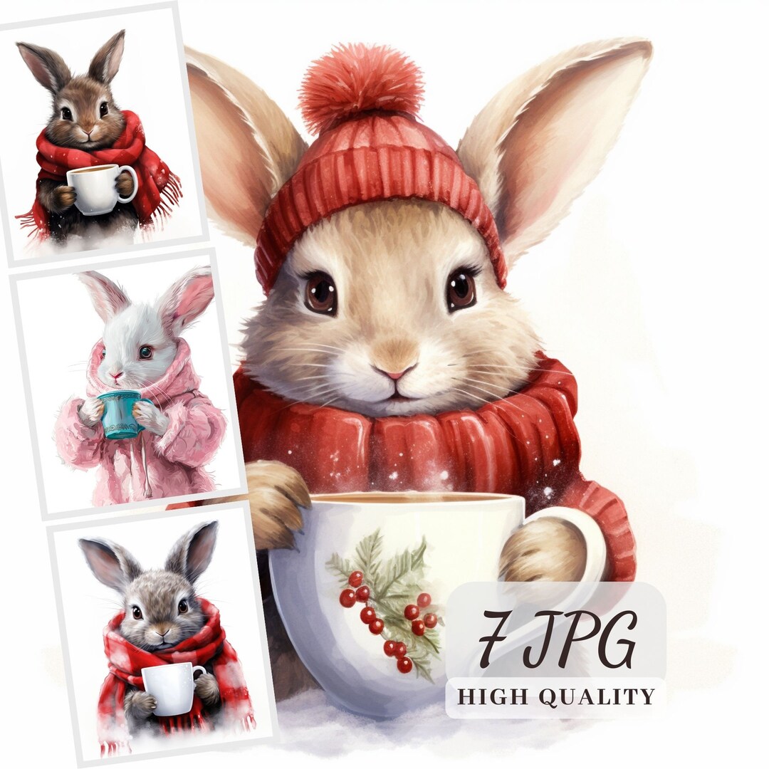 Cute Bunny With Cup, Winter Bunnies Clipart, 7 High Quality JPG Images ...