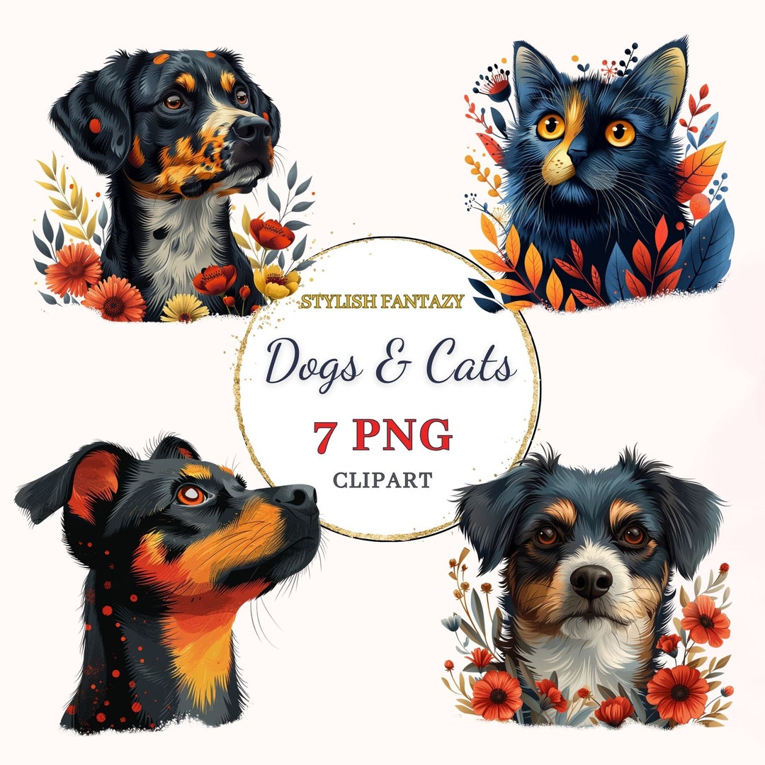 Cute Dogs and Cat Clipart, PNG Clipart Bundle, 7 High Quality PNG ...