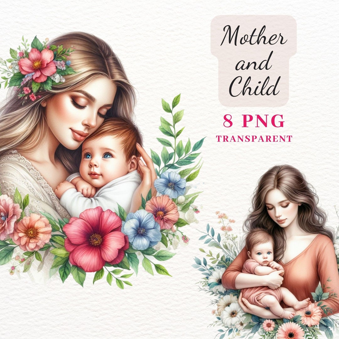 Mom and Baby Watercolor Clipart Bundle, 8 High Quality Transparent PNG ...