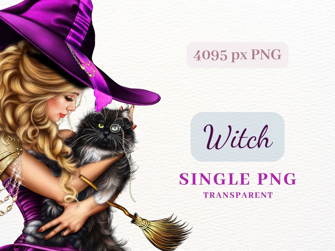 Single Witch Clipart, Watercolor Witch With Black Cat, 1 PNG ...