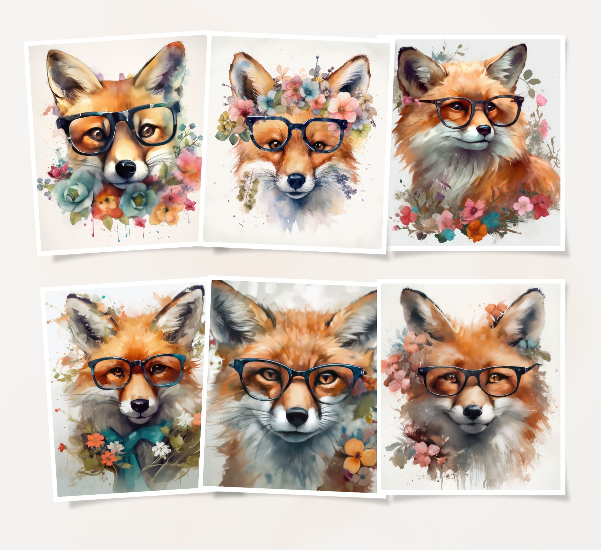 Cute Watercolor Foxes With Glasses Digital PNG Commercial - Etsy