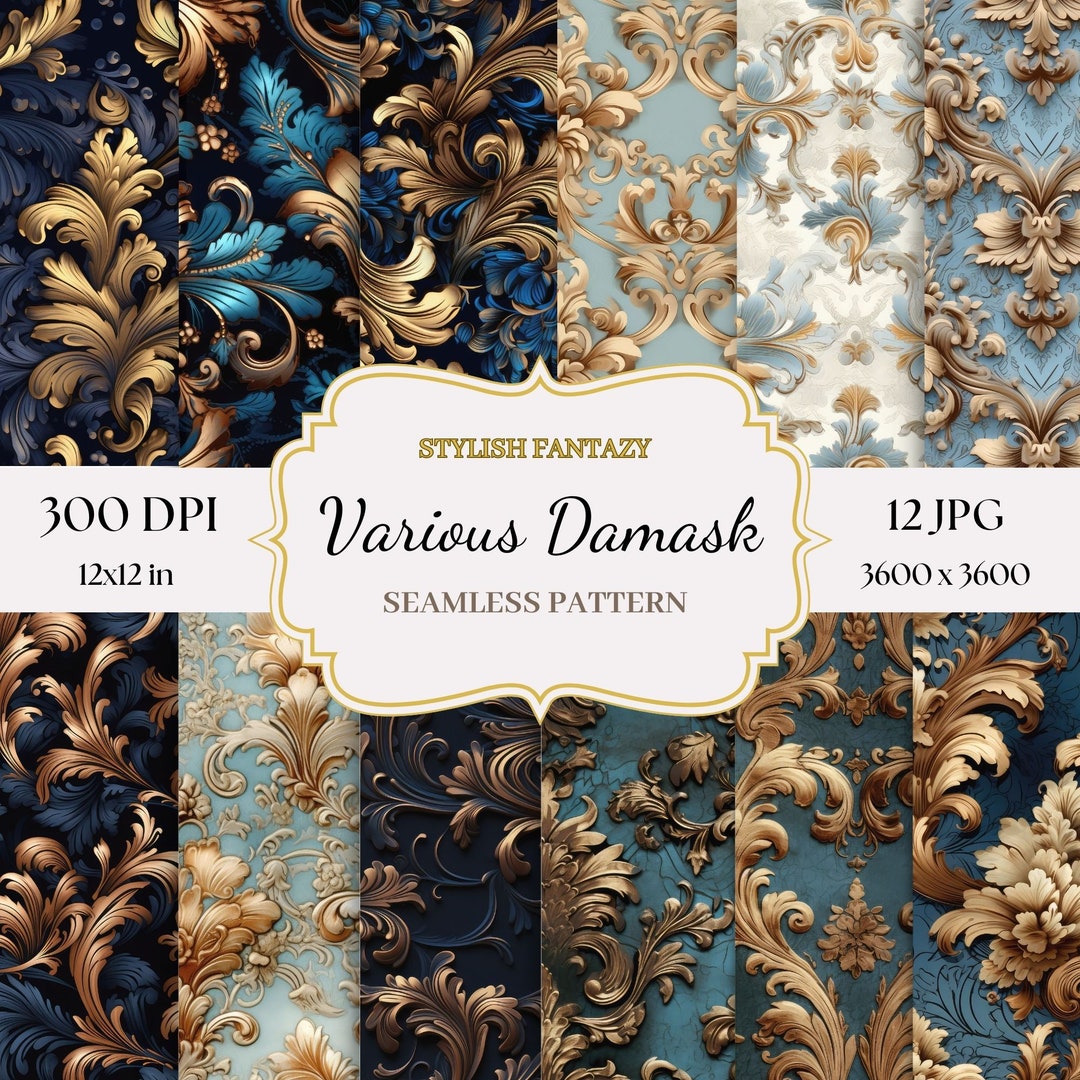 Various Damask Digital Papers, Blue Color Textured Papers for Scrapbook ...