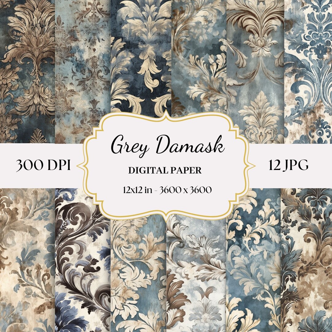 Gray Damask Digital Paper, Printable Damask Ornaments Scrapbook Paper ...