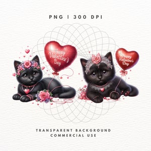 Valentine Day Cat, Black Kitten 7 PNG Clipart Bundle for Scrapbooking ...