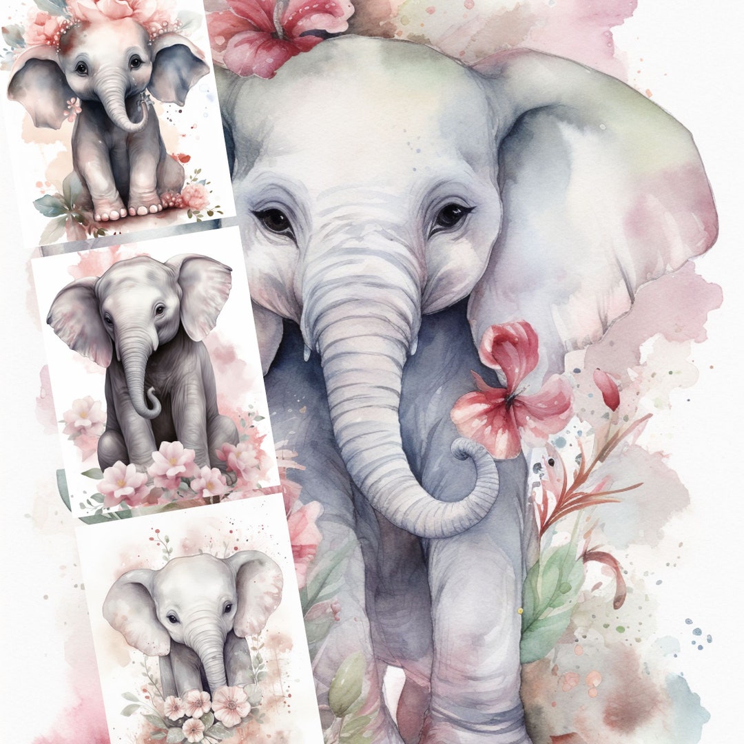Watercolor Elephant Clipart, JPG Clipart Bundle, Elephant With Flowers ...