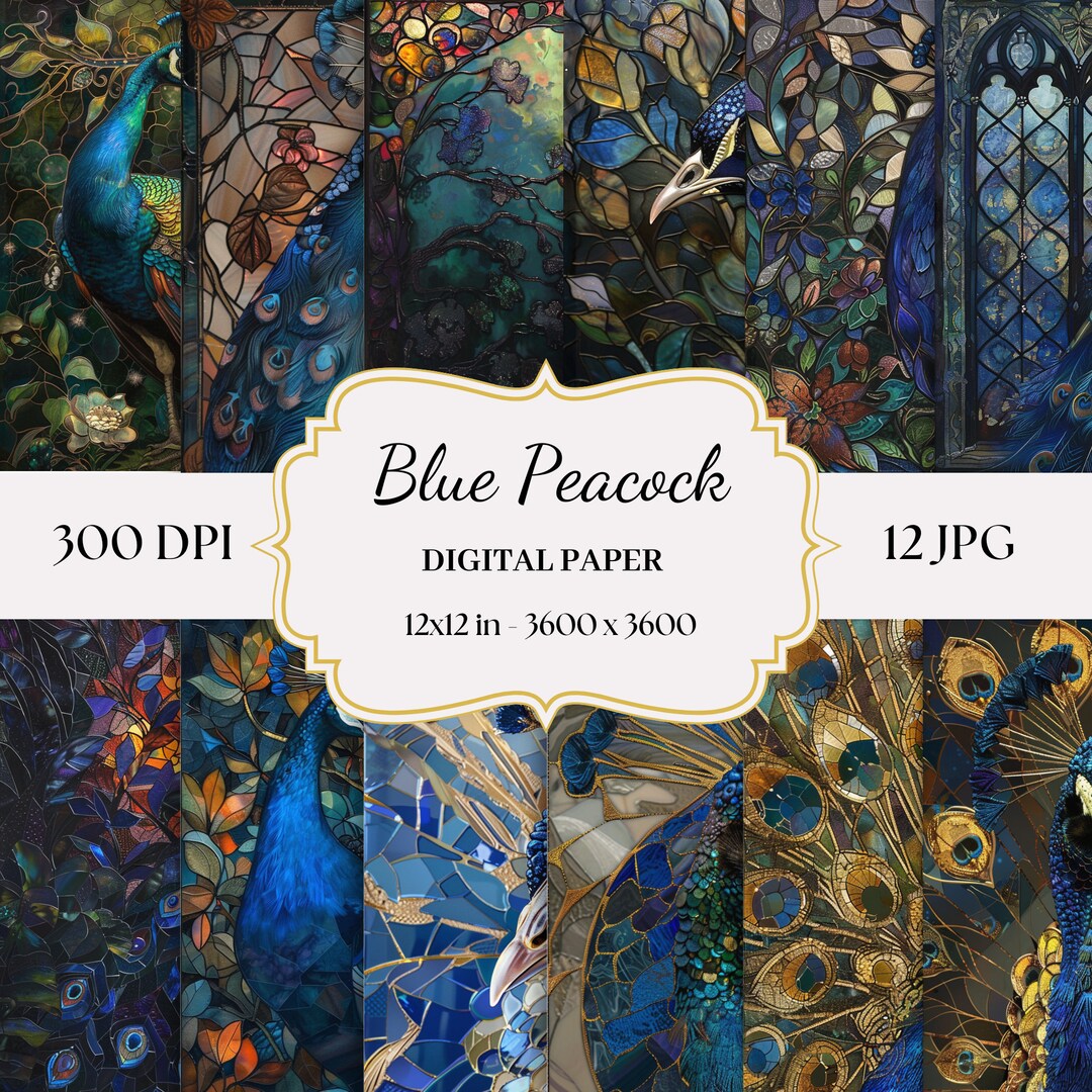 Blue Peacock Digital Paper, Illustrations for Scrapbookink, Wrapping ...