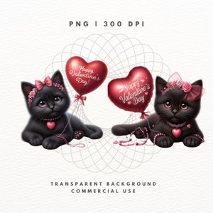 Valentine Day Cat, Black Kitten 7 PNG Clipart Bundle for Scrapbooking ...