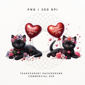 Valentine Day Cat, Black Kitten 7 PNG Clipart Bundle for Scrapbooking ...