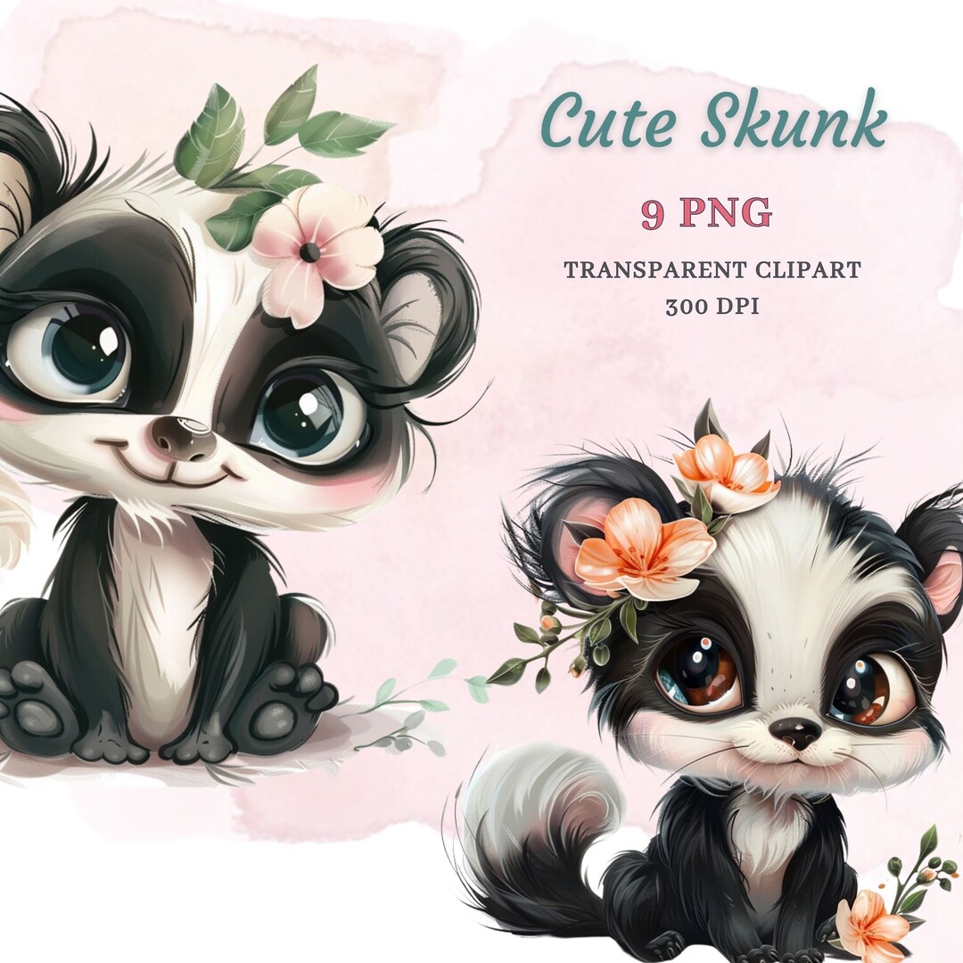 Cute Skunks Clipart Bundle, 9 PNG High Quality Images for Cards Making ...